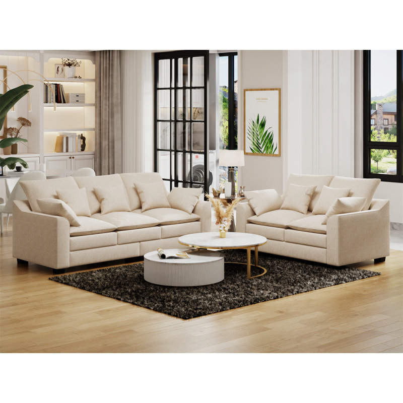 2 Pieces Sofa Couch 3 Seater And Loveseat With Pillows Polyester Upholstered Duck Down Filled Cushion Sofa Set For Living Room Apartment Beige